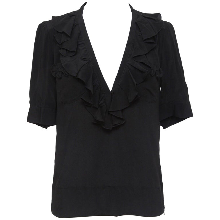 CHLOE Black Blouse Top Shirt Silk Acetate Short Sleeve Ruffles Sz 34 ...