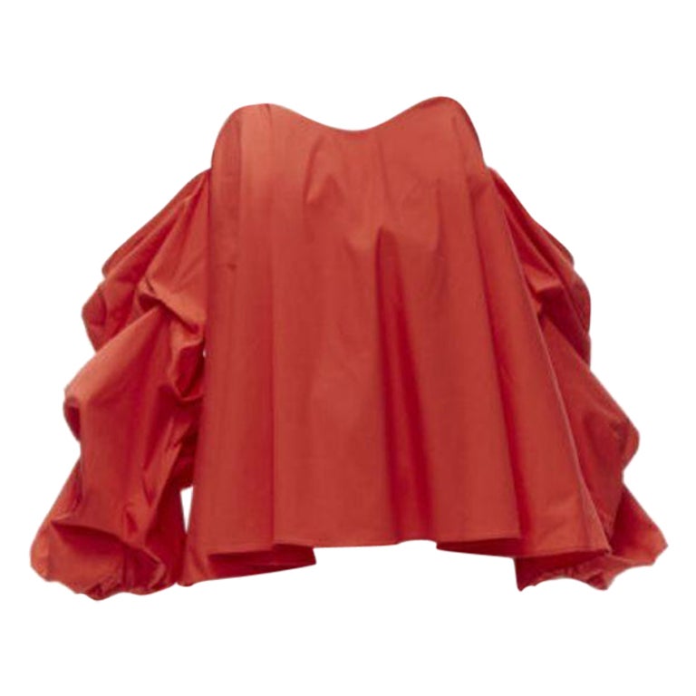 CAROLINE CONSTAS red strapless puff sleeves flared sweetheart corset ...