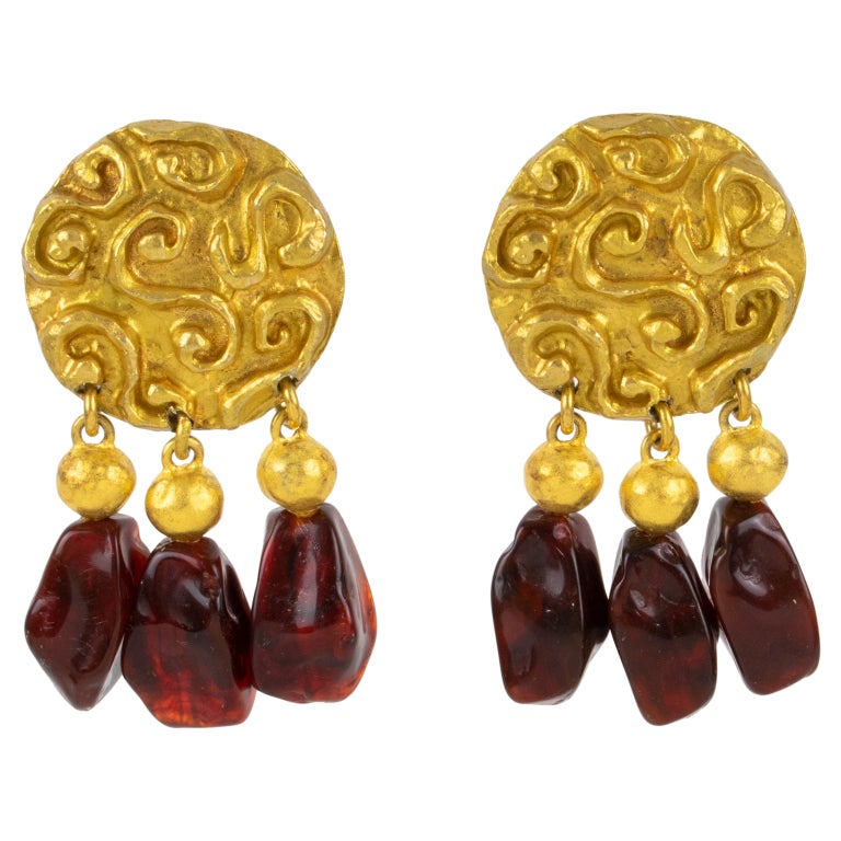 Edouard Rambaud Dangle Clip Earrings with Amber Resin Drops For Sale at ...