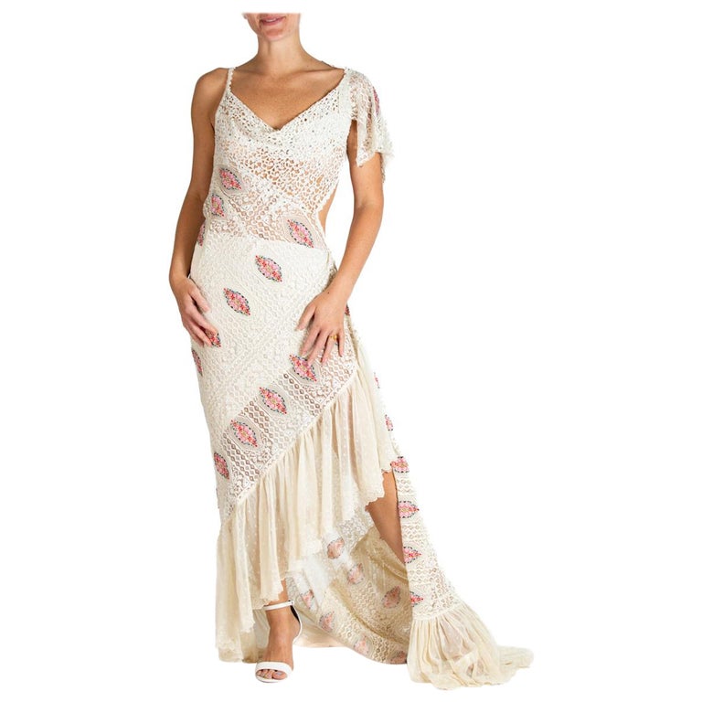 MORPHEW ATELIER Cream Cotton / Rayon 1930'S Lace Gown With Slit and ...