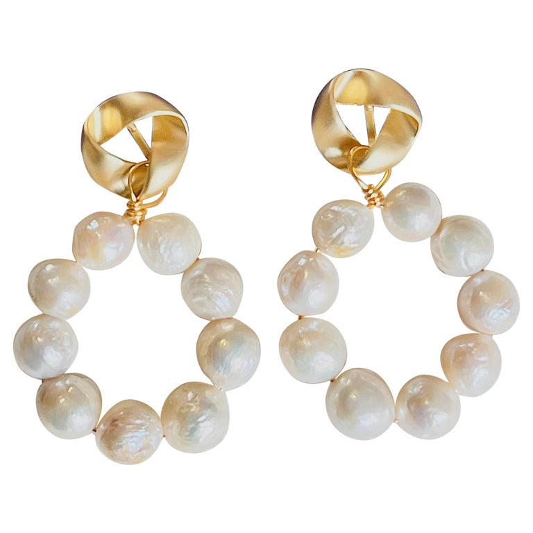Large White Natural Pearls Circle Round Hoop Retro Gold Clip On Drop ...