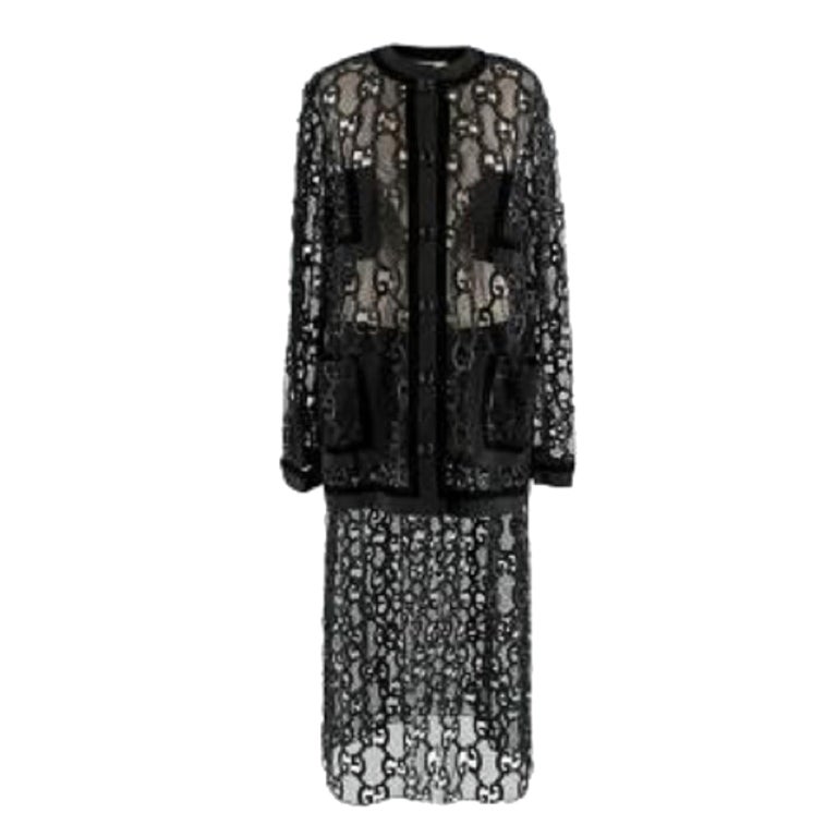 Gucci Leather Trimmed GG Macrame Skirt and Blouse Set For Sale at 1stDibs