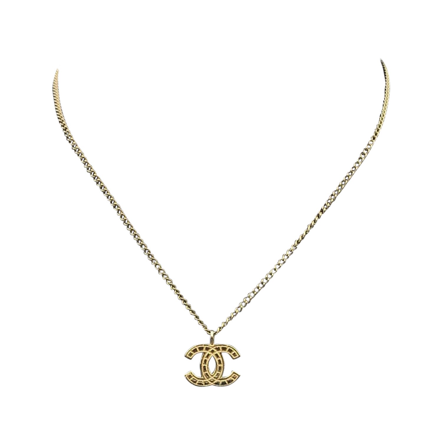 Chanel Gold-Tone Metal CC Diamond Shape Charm Logo Short Necklace For ...