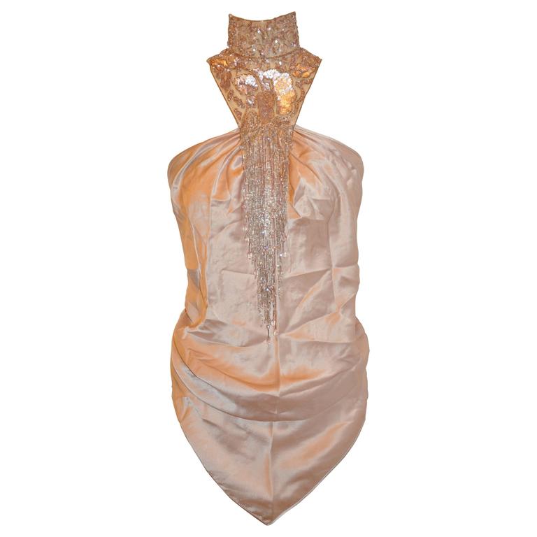 Valentino "Boutique" Champagne Crepe de Chine Micro Embroidered Halter ...