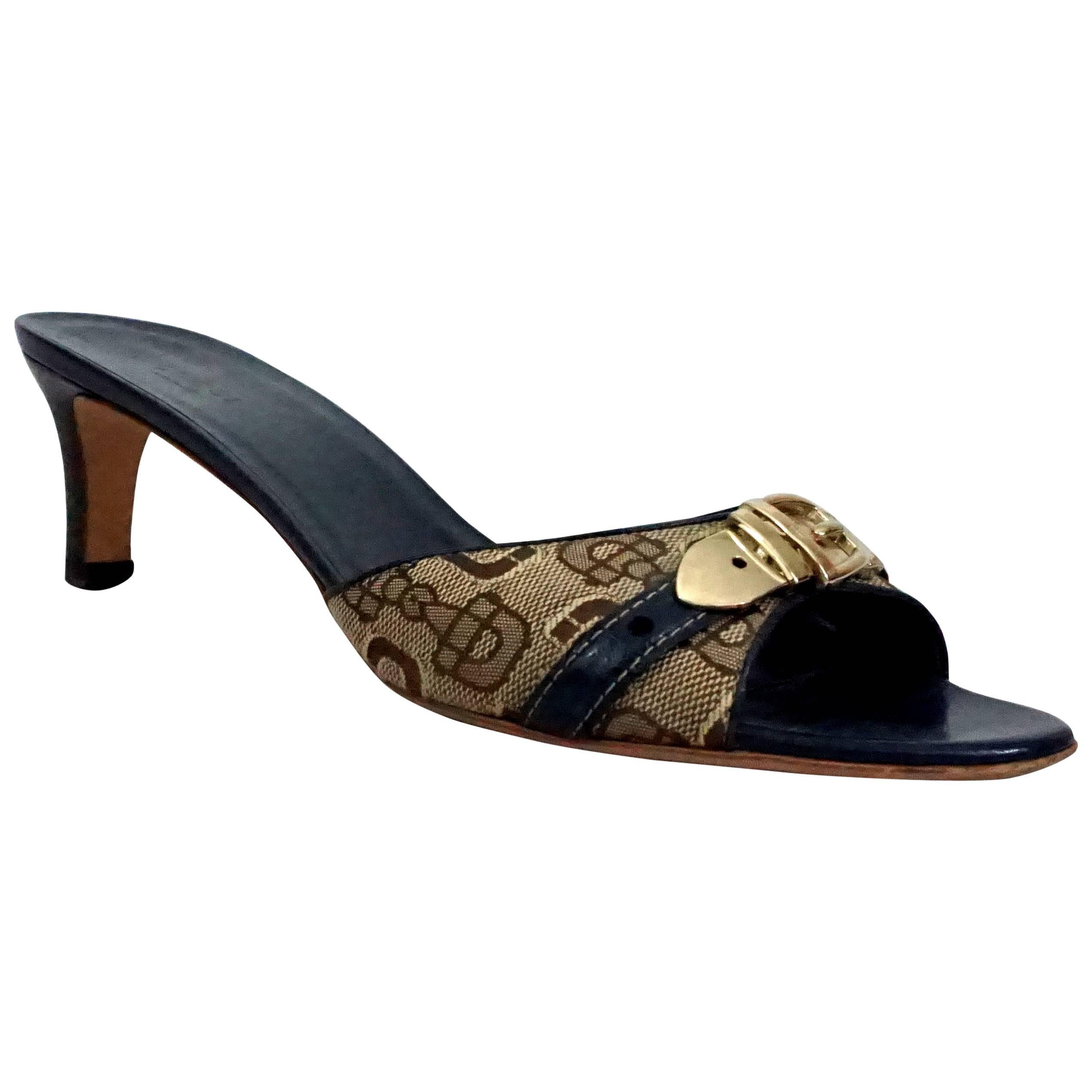 Gucci Deep Teal Slide with Brown Mono Canvas Detail and Gold Buckle - 8 ...