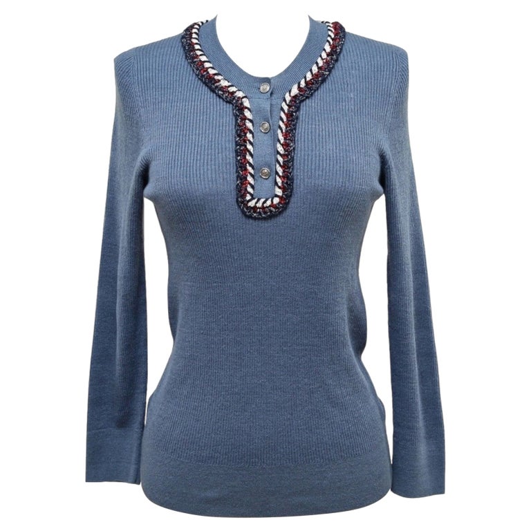 CHANEL Knit Sweater Top Long Sleeve Navy Red White Blue Silver HW 40 ...