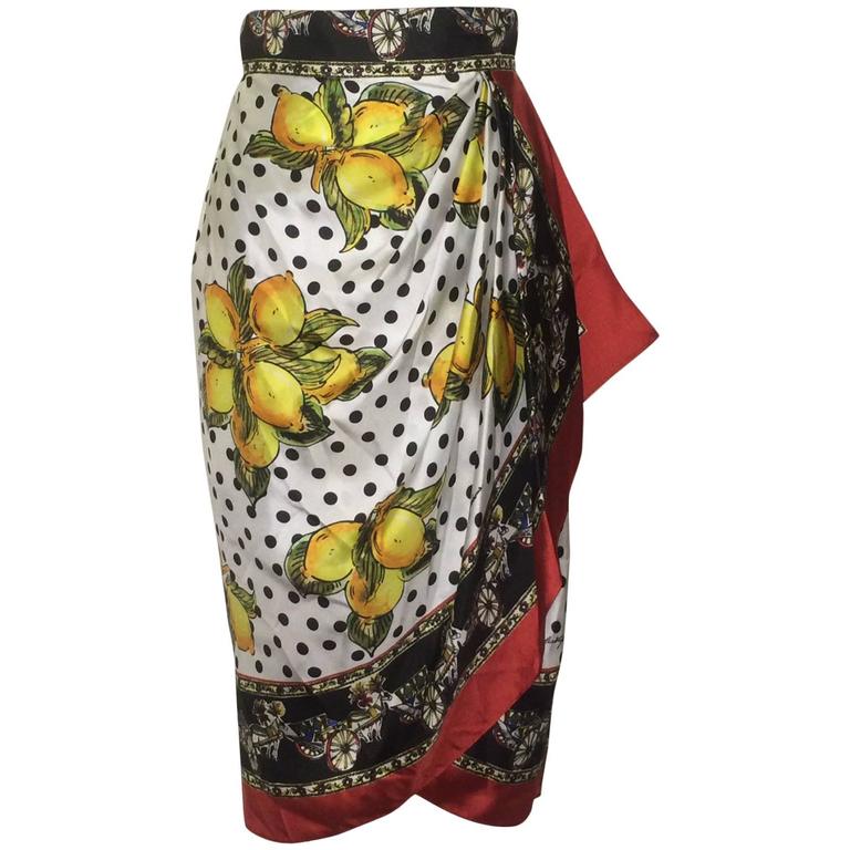 Dolce and Gabbana Lemon, Cart, and Polkadot Draped Silk Skirt at ...
