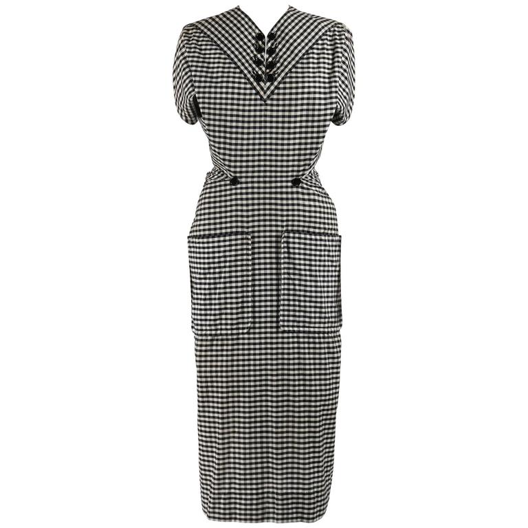 1949 S/S JACQUES FATH Black and White Gingham Fan Back Peplum Afternoon ...