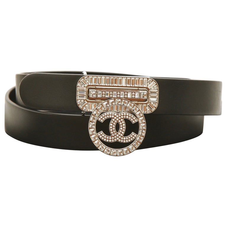 CHANEL Black Leather Belt CC Crystal Logo Buckle Silver HW Sz 80 2017 ...