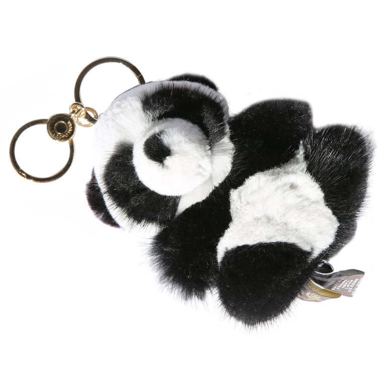 Loro Piana black white rabbit fur panda animal gold bag fob keyring For ...
