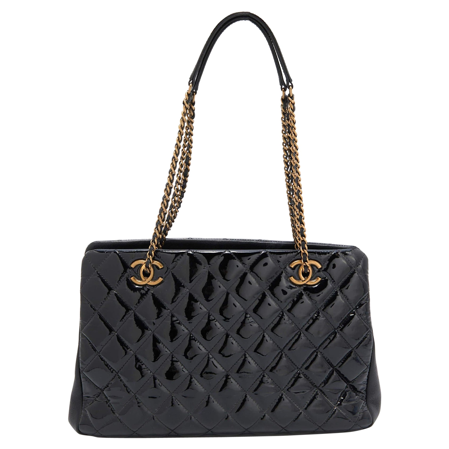 Chanel Black Quilted Patent Leather Double Chain Bag For Sale at 1stDibs