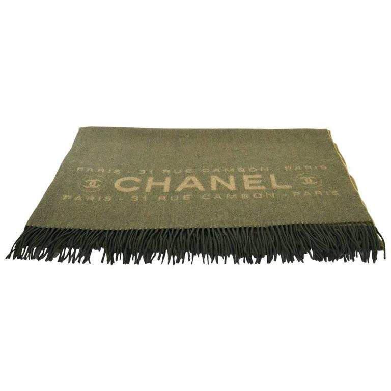 Chanel Green and Tan Cashmere Fringe Trim Throw Blanket/ Shawl For Sale ...