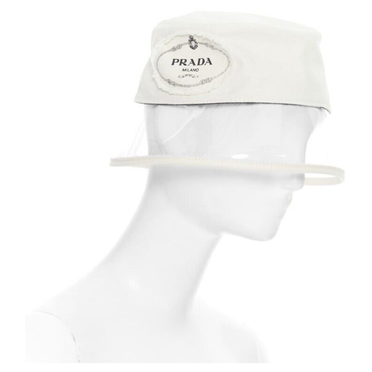 new PRADA 2018 cream cotton frayed logo clear PVC brim shield 90's ...