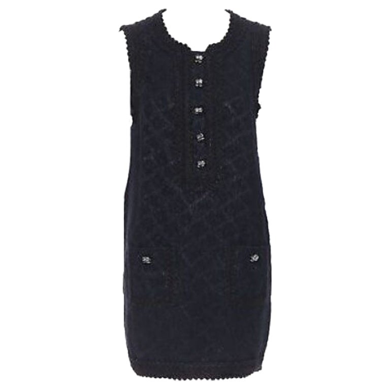 ANDREW GN PF2010 black jacquard wool scalloped tweed trim sheath dress ...