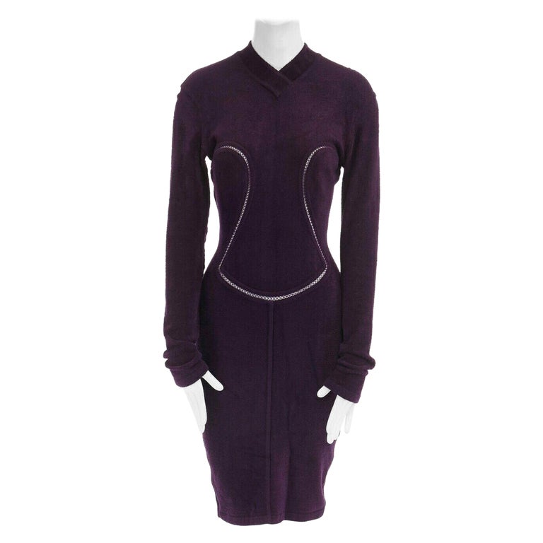 vintage ALAIA purple chenille ladder seams bodycon stretch dress XS US2 ...