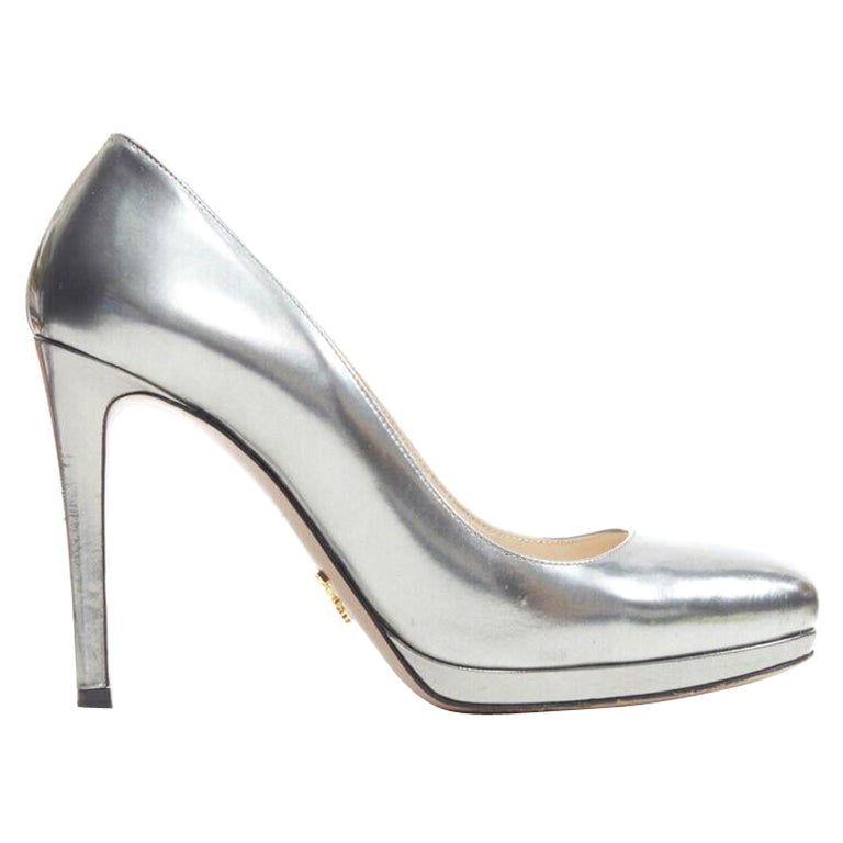 PRADA metallic mirrored silver leather round toe platform pump EU36 US6 ...