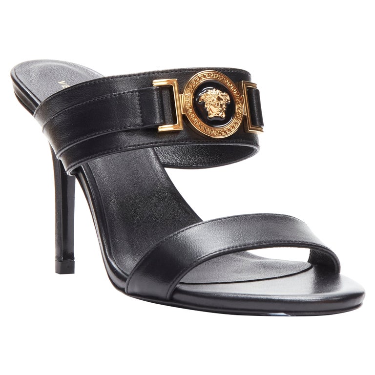 new VERSACE Medusa Tribute gold buckle black leather high heel sandal ...