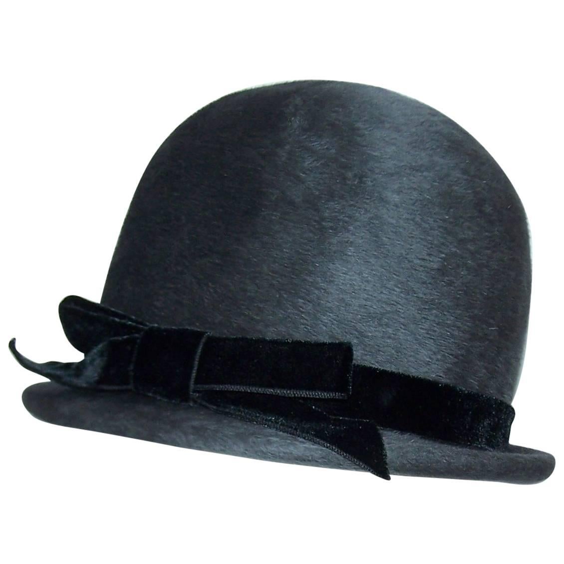 Bobby On the Beat Charcoal Gray 1960's Hat With Velvet Bow at 1stDibs