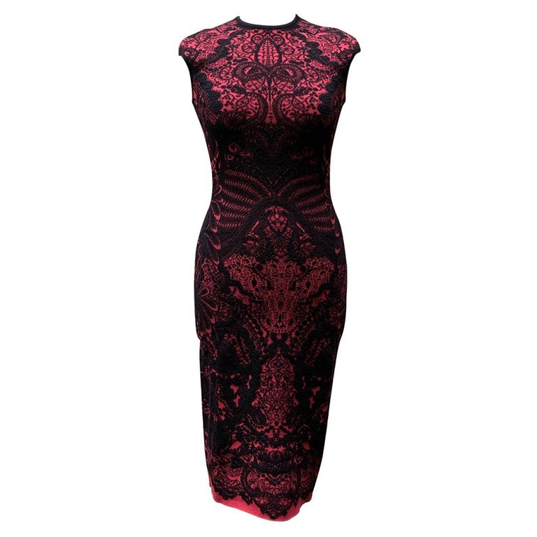 Alexander McQueen Red Black Lace Intarsia Bodycon Dress Size S For Sale ...