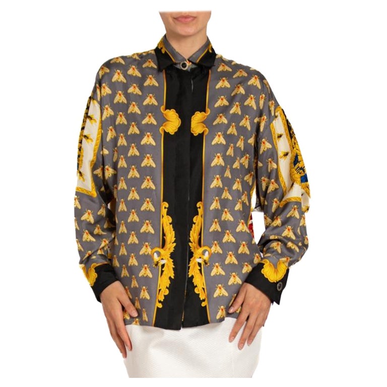 1990S GIANNI VERSACE Gray and Yellow Silk Queen Bee Shirt For Sale at ...