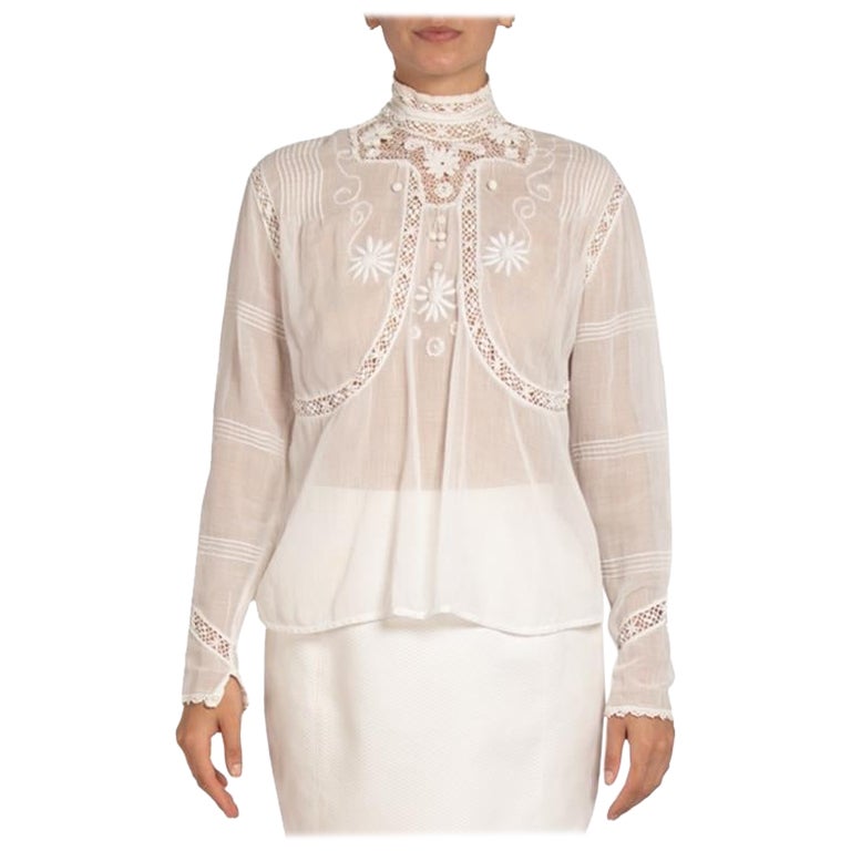 Victorian White Organic Cotton Handmade Lace Top For Sale at 1stDibs
