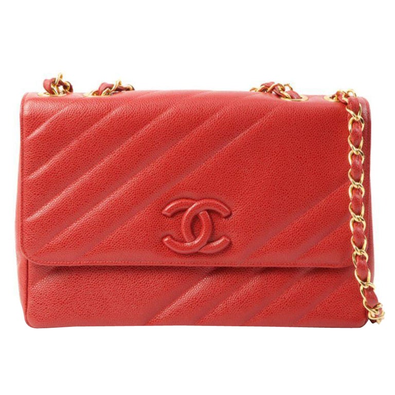 Chanel Around 1995 Made Caviar Skin Cc Mark Diagonal Stitch Chain Bag ...