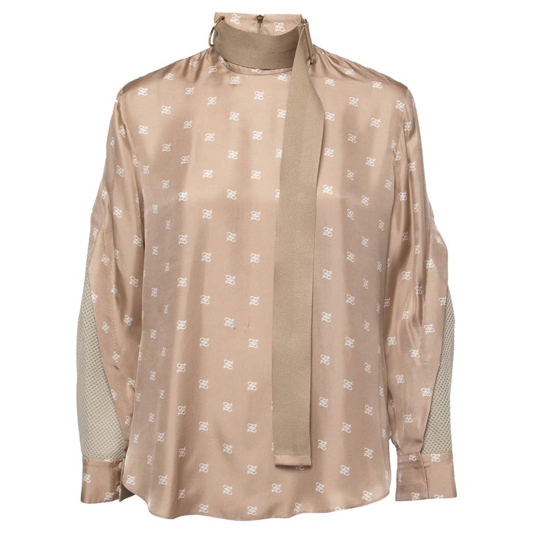 Fendi Beige Calligraphy Print Belted Collar Detail Blouse S For Sale at ...
