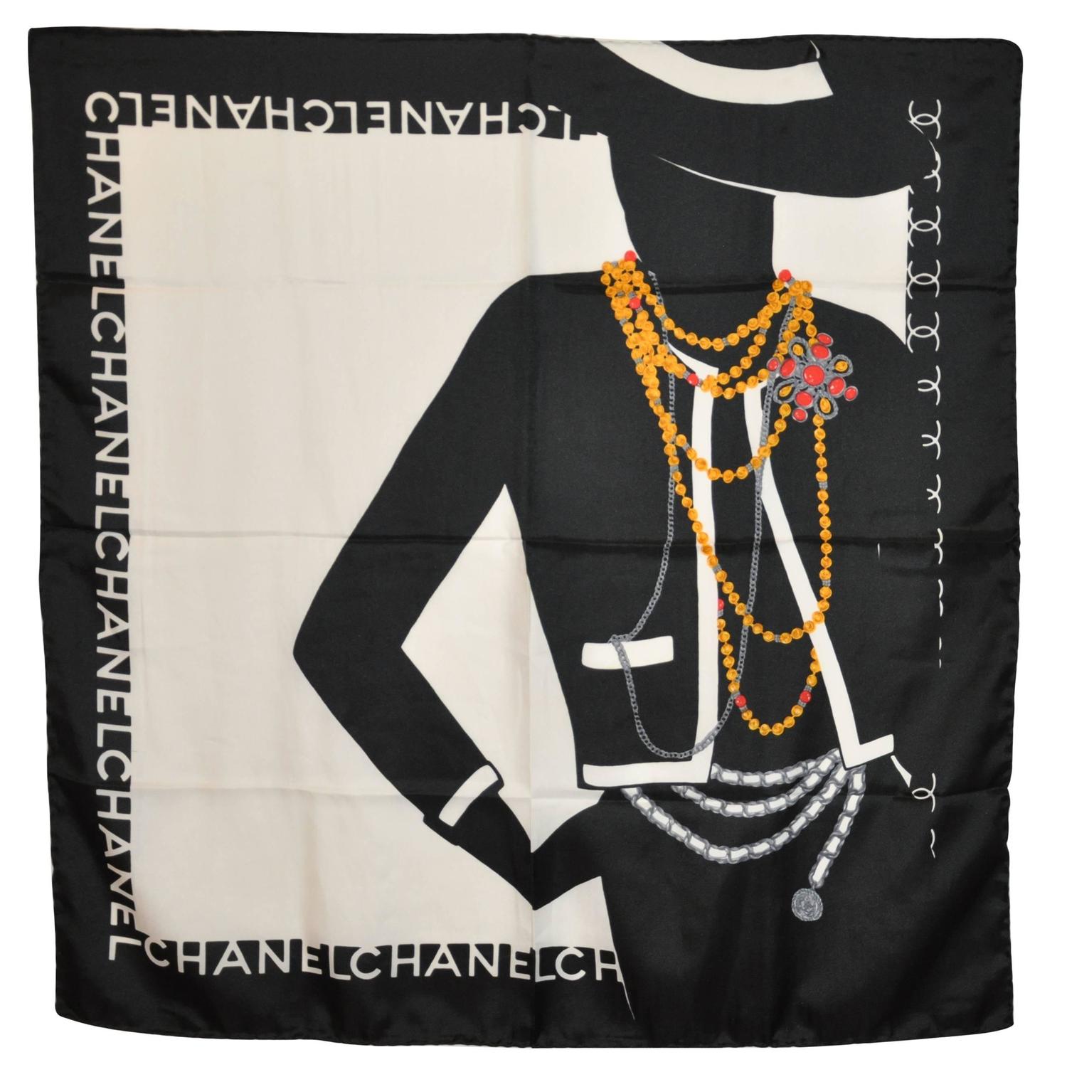 Chanel Signature "Coco Portrait with Jewelry" Silk Scarf For Sale at ...