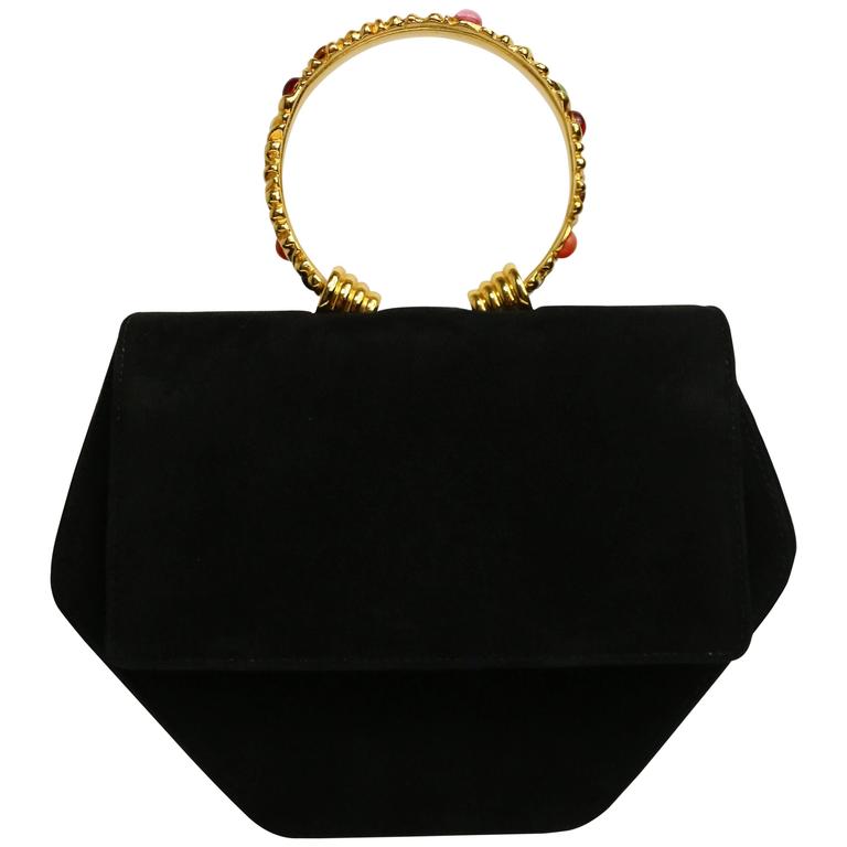 Rodo Black Suede Gold Toned Handle Octagon Handbag with Strap at 1stDibs