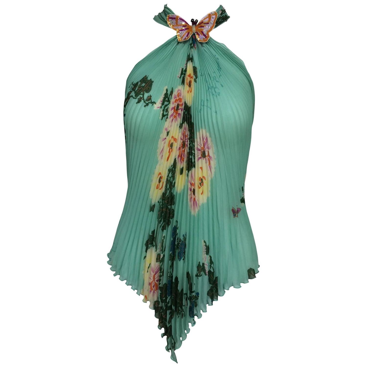 Ungaro aqua floral print pleated silk chiffon butterfly halter top For ...