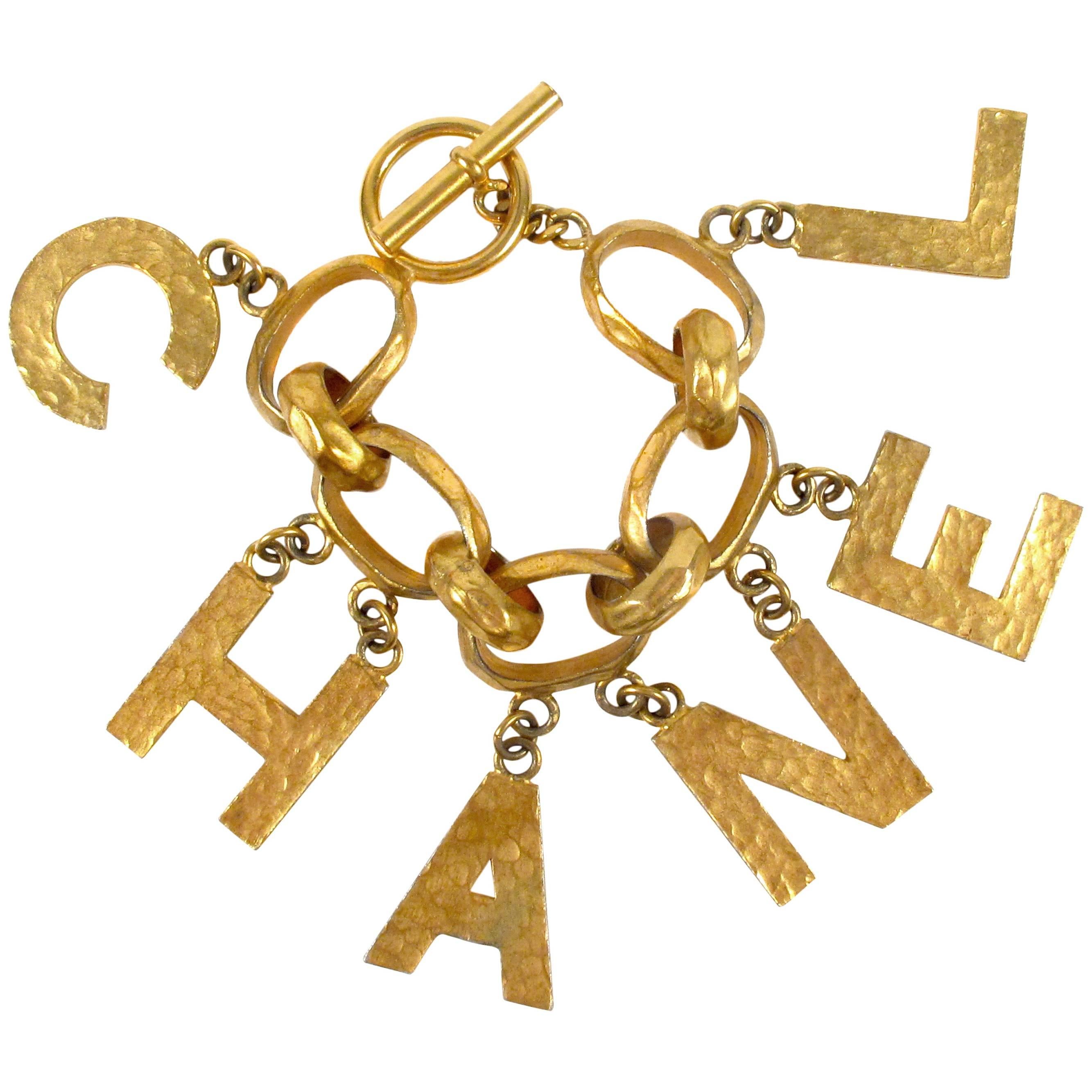 Chanel XL Charm Bracelet - Rare Vintage Gold Large Logo Letter Chain ...
