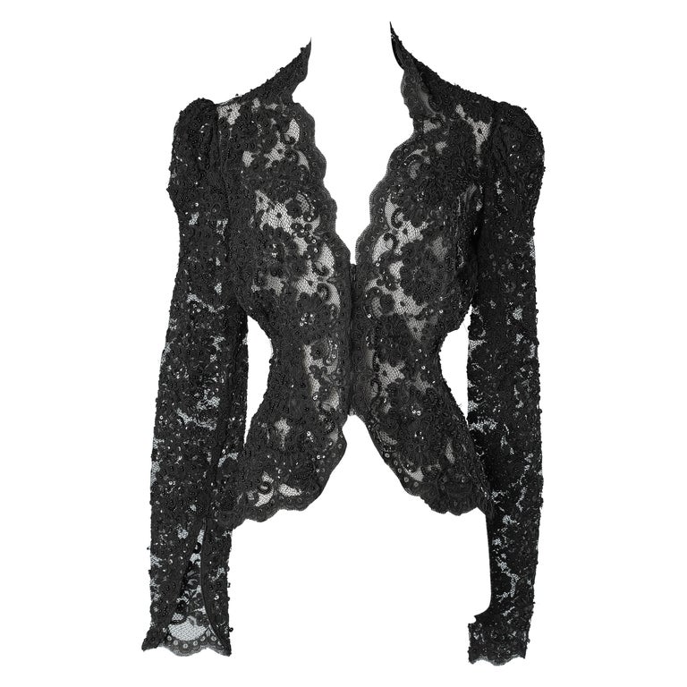 Black guipure see-through evening jacket with beaded-work and sequins ...