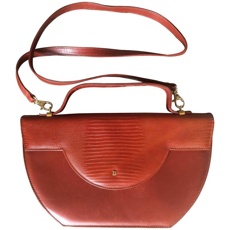 Vintage BALLY brick brown lizard embossed leather halfmoon shape ...