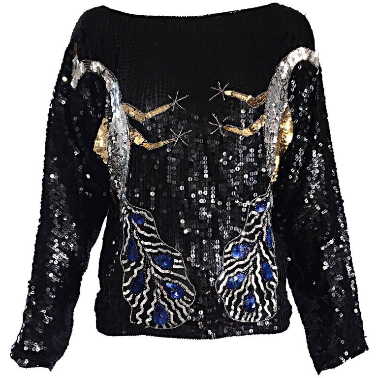 Amazing Vintage Fully Sequined ' Peacocks ' Black Silk Long SLeeve ...