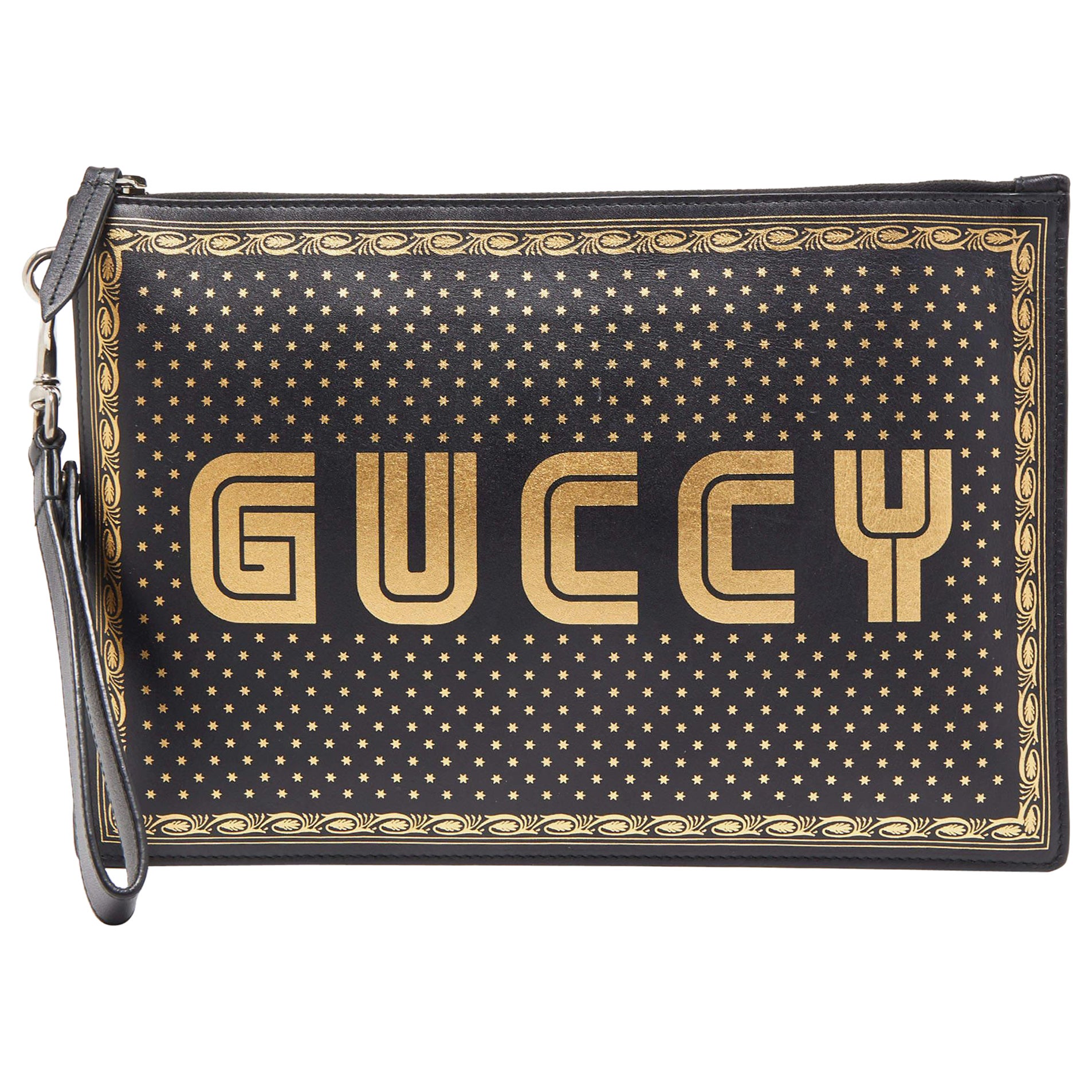 Gucci Black/Gold Leather 'Guccy' Zip Wristlet Clutch For Sale at 1stDibs