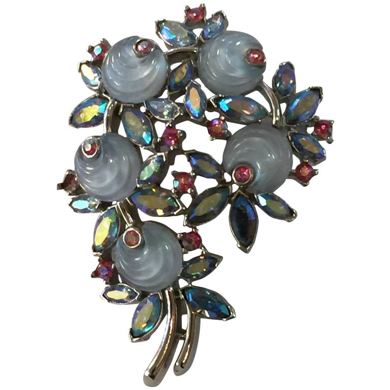 1950s Rhodium TRIFARI Floral Brooch Pin Borealis RARE Molded Rose ...