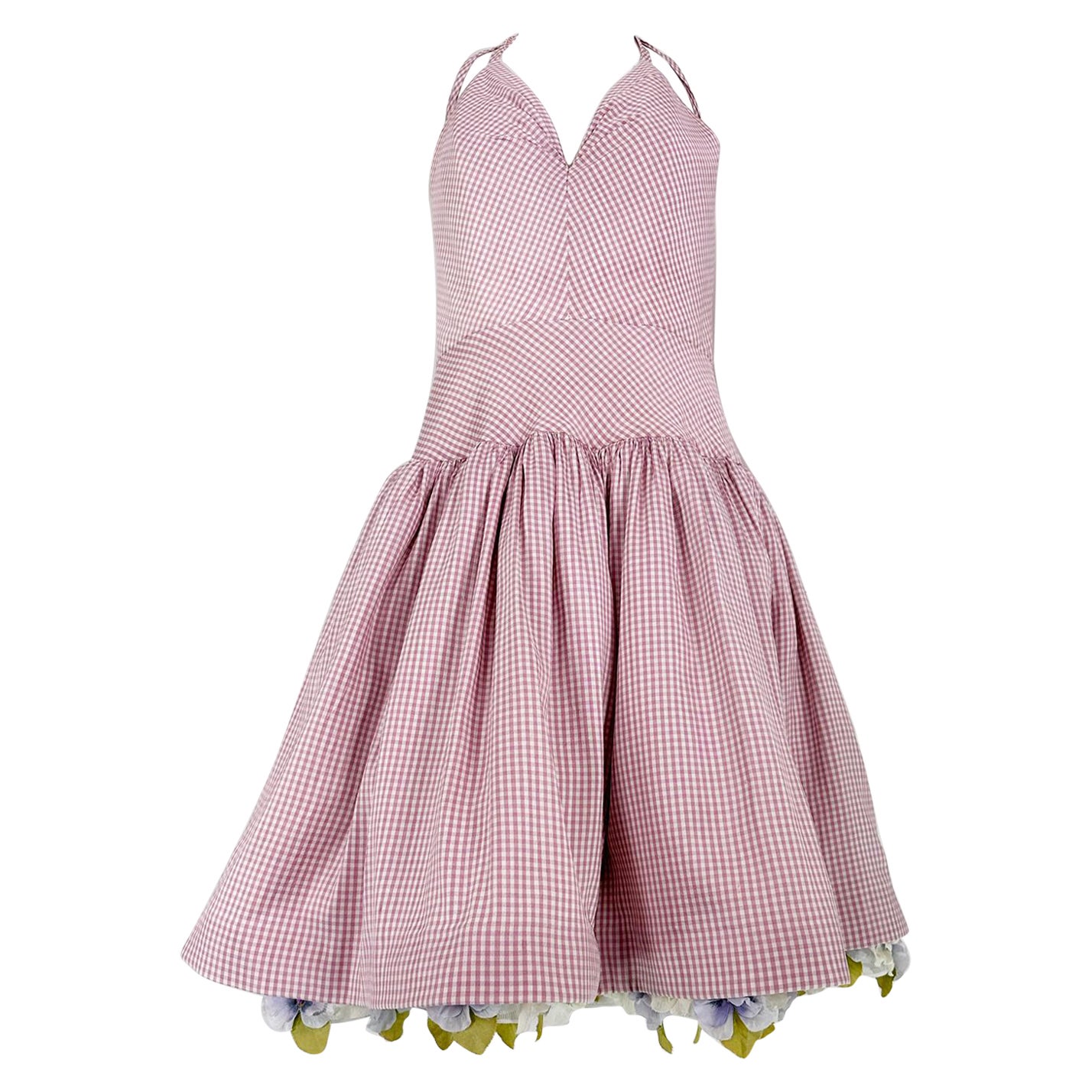 Bill Blass Runway Pink Silk Check Halter Dress with Pansy Border Under ...