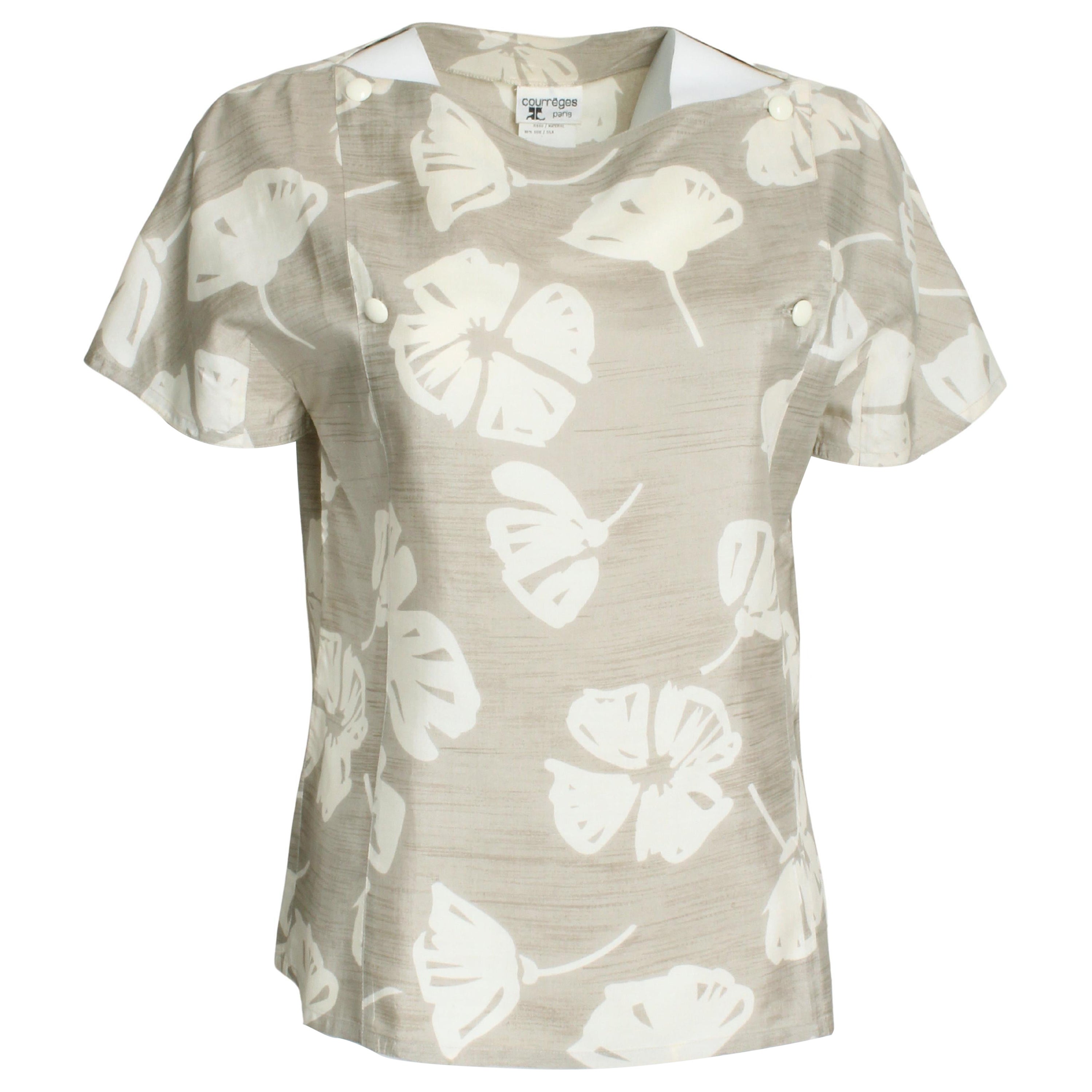 Courreges Paris Blouse Graphic Floral Print Silk Shantung Vintage 80s ...