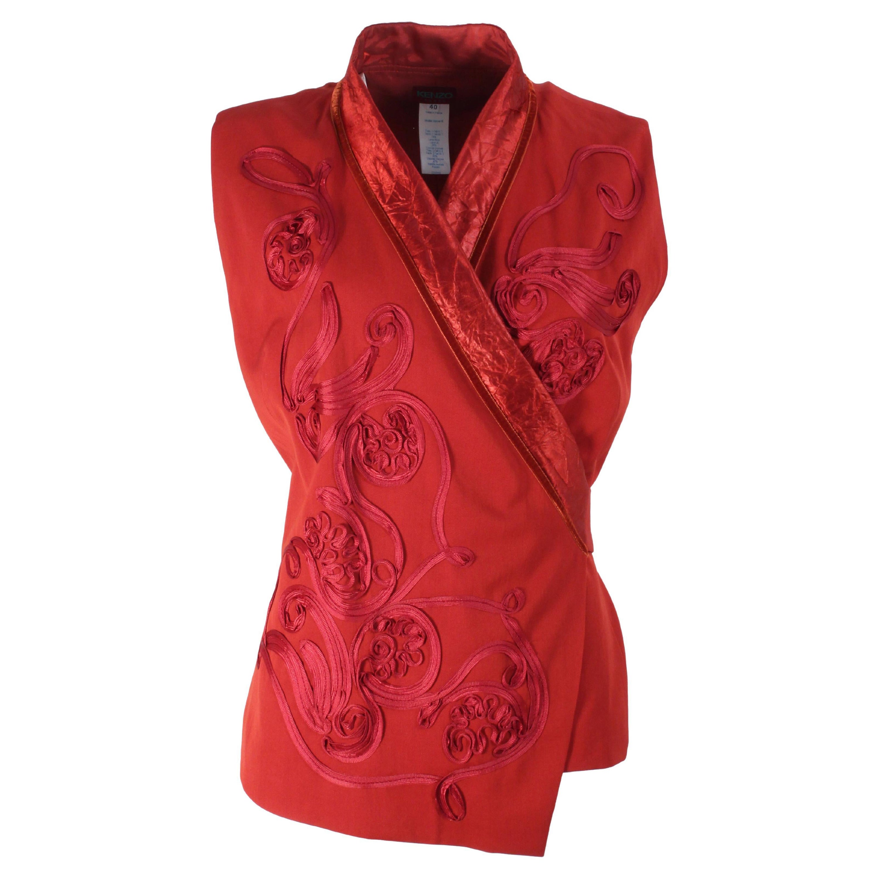 Rare Kenzo Vest Wrap Style Lightweight Rust Wool Blend Ribbon Applique ...