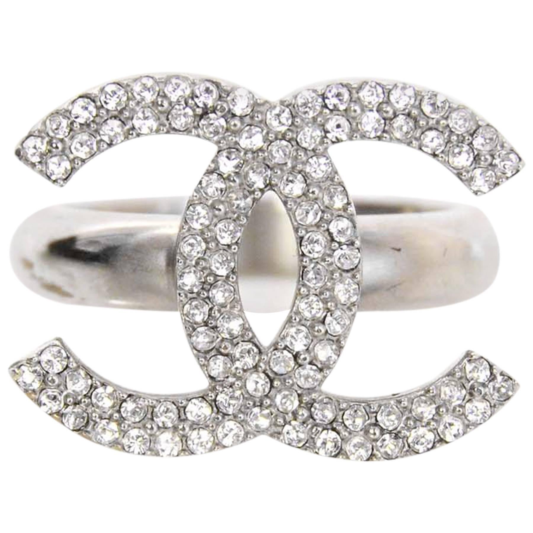 Chanel 2016 Silvertone CC Pave Crystal Ring Sz 6 For Sale at 1stDibs