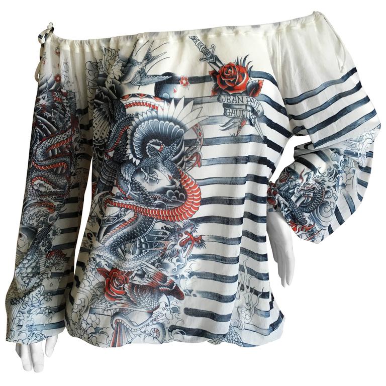 Jean Paul Gaultier Tattoo Print Nautical Stripe Off the Shoulder Top by ...