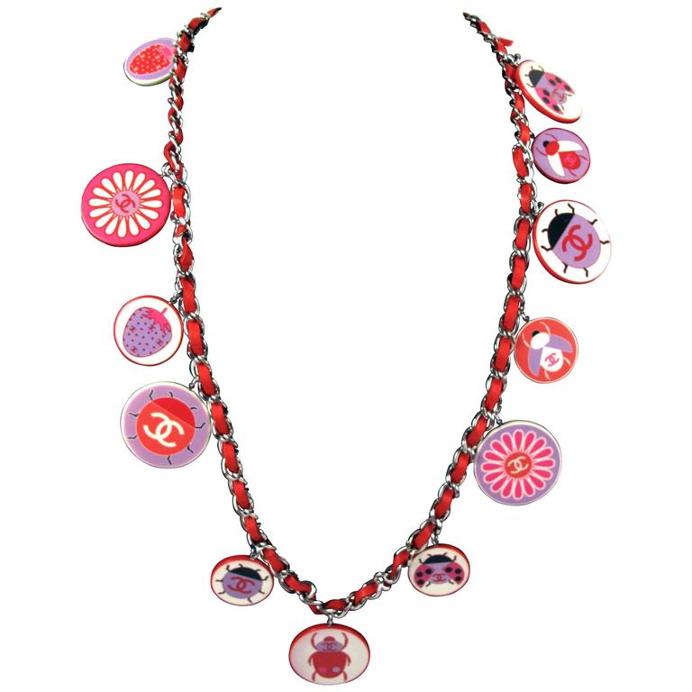 Chanel Ladybug Necklace - New - CC Logo Charms Red Leather Chain Silver ...