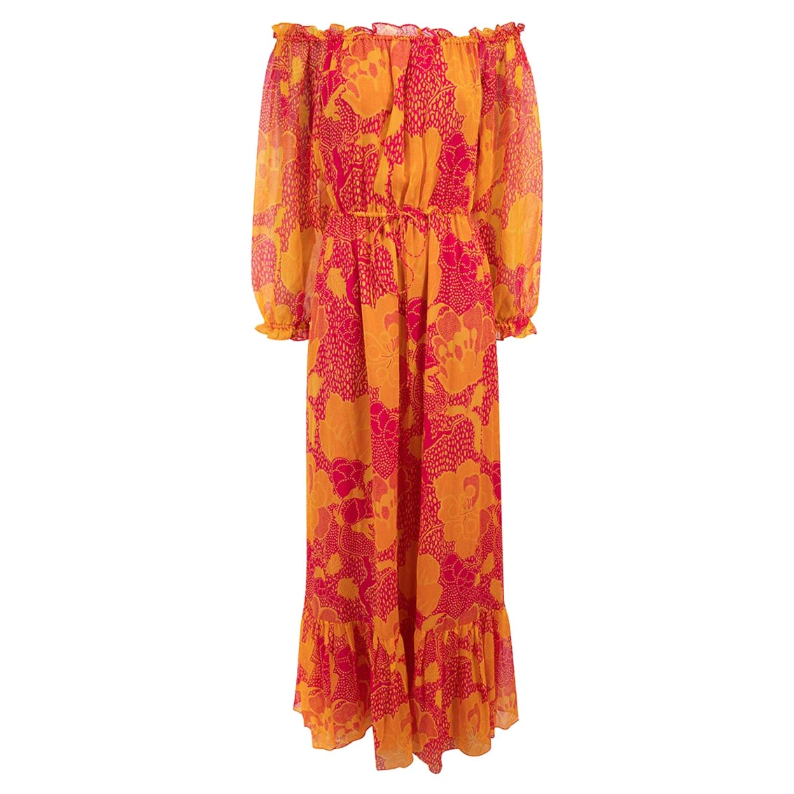 Orange and Pink Silk Floral Print Ruffle Dress Size S For Sale at 1stDibs