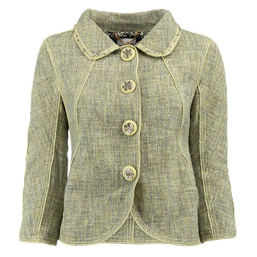 Green Tweed Embellished Cropped Evening Jacket Size XL For Sale at 1stDibs