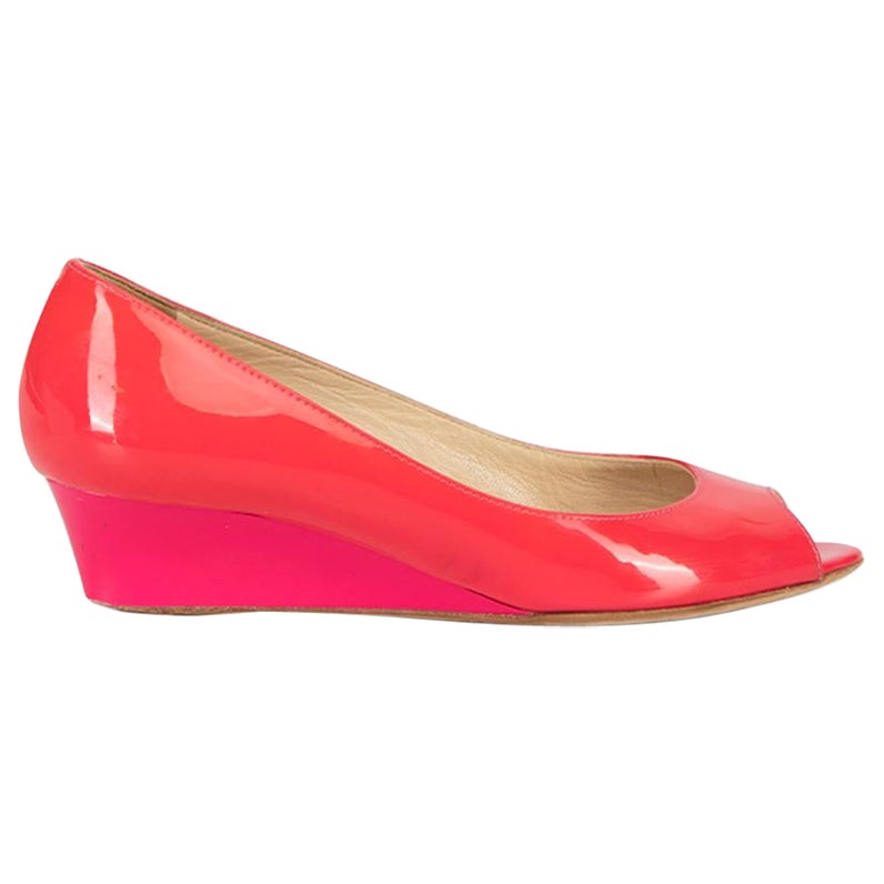 Jimmy Choo Neon Pink Patent Leather Peep Toe Wedges Size IT 36 For Sale ...