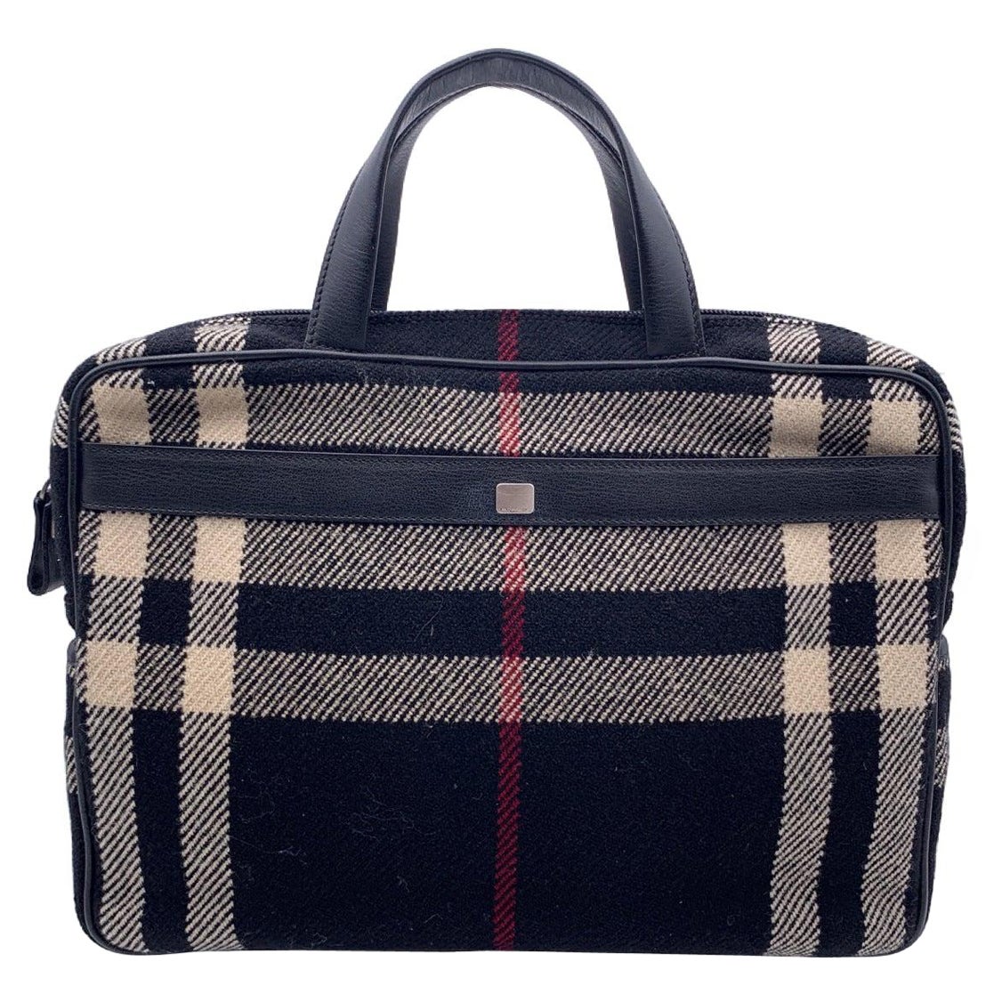 Burberry Black Wool Nova Check Unisex Work Business Tote Bag Handbag ...