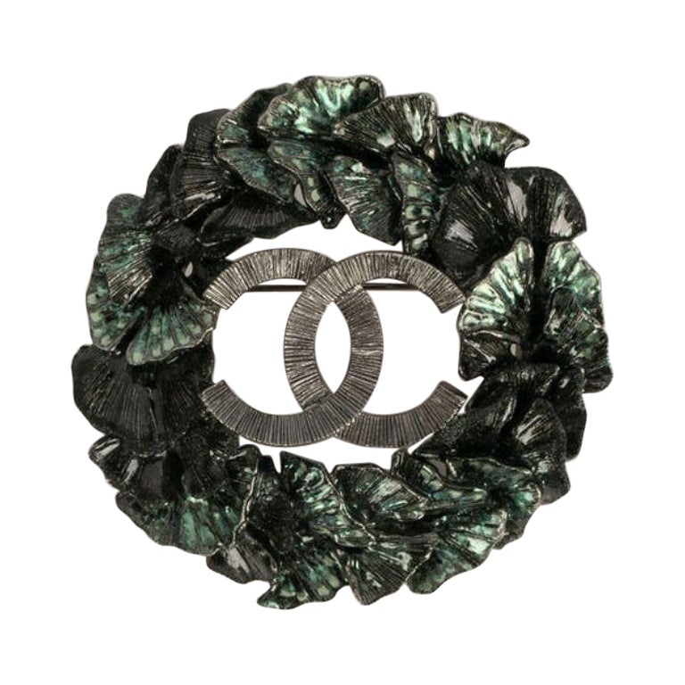 Chanel Brooch in Dark Silver Metal with Enamelled Foliage For Sale at ...