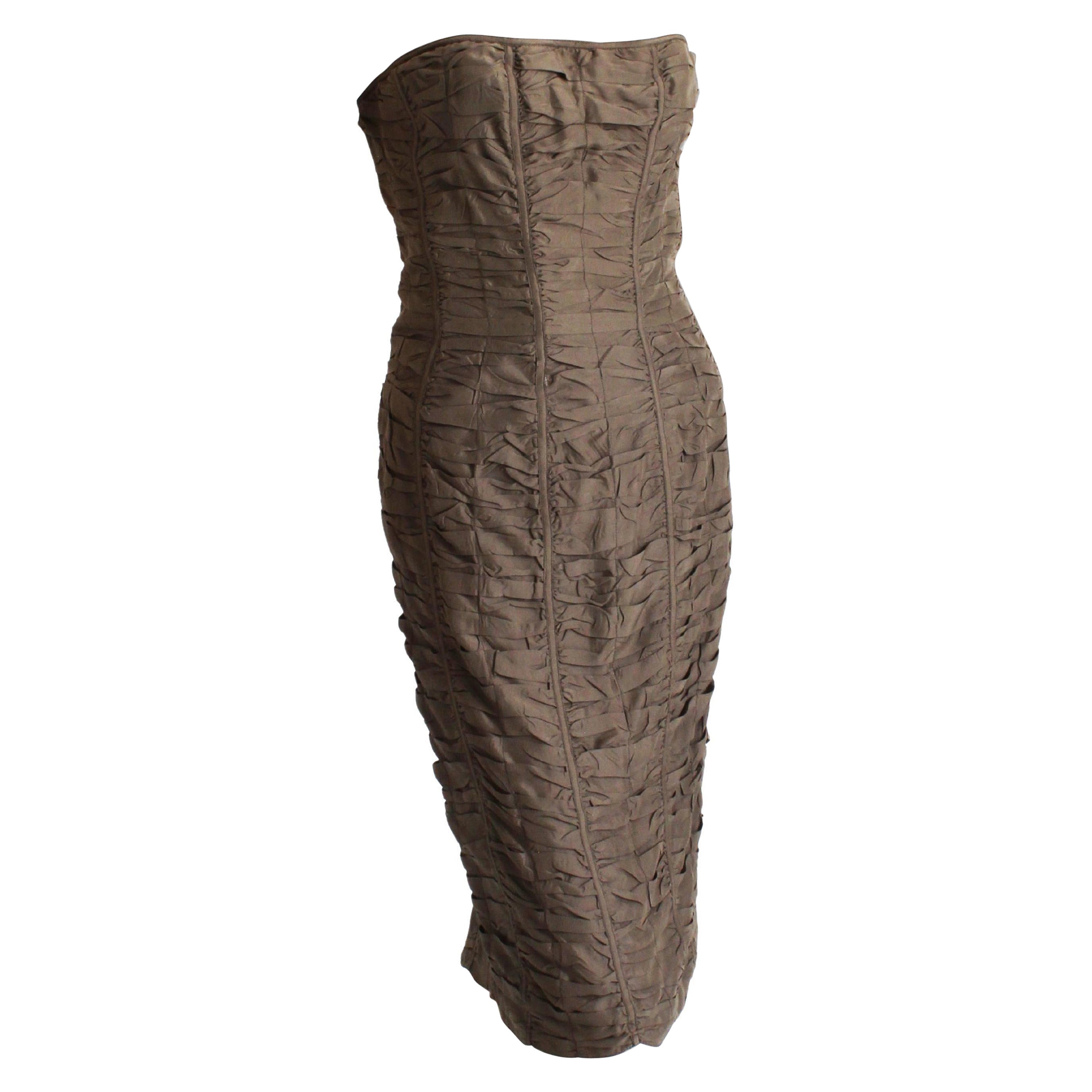 Gucci Dress Corset Bustier Bodice Bodycon Ruched Brown Silk Spring 2001 ...