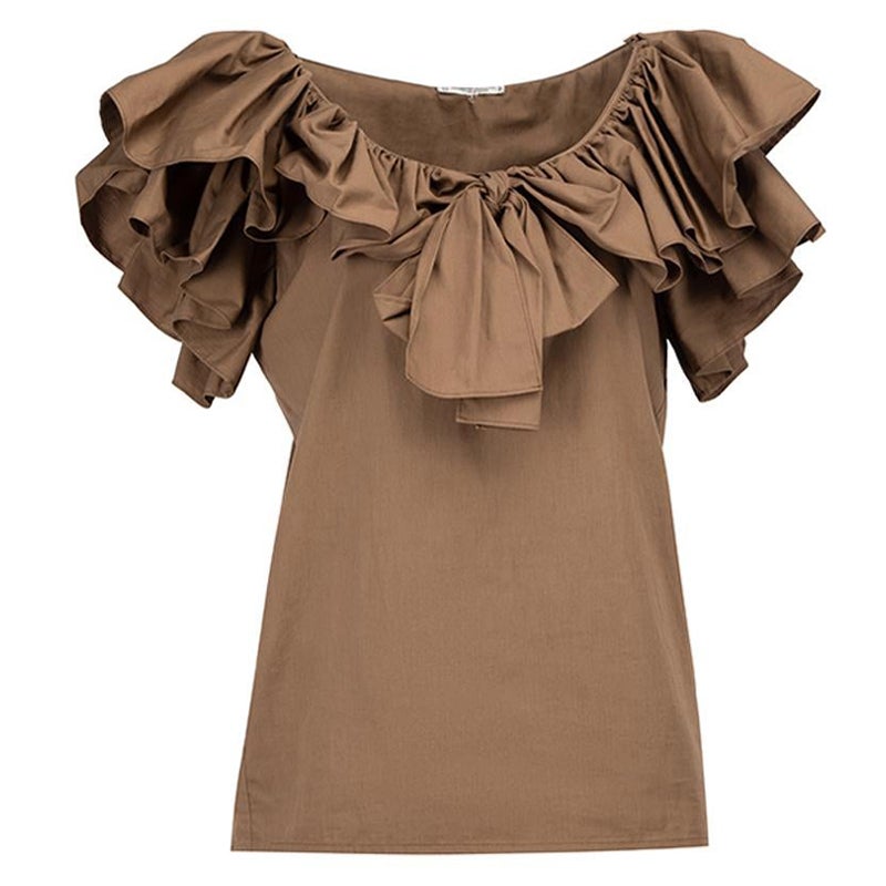 Saint Laurent Rive Gauche Brown Ruffled Bow Accent Blouse Size S For ...
