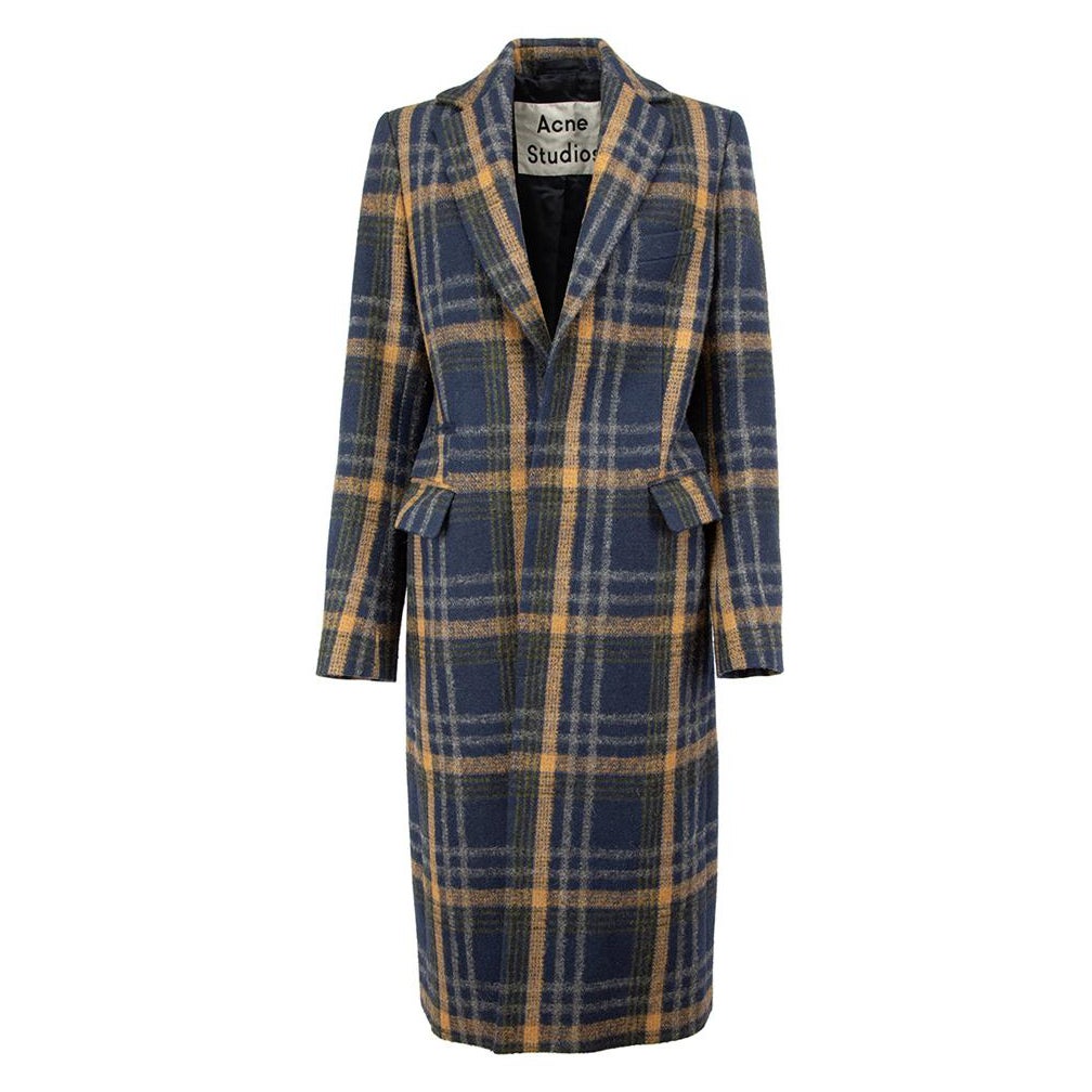 Blue Wool Checked Long Coat Size S For Sale at 1stDibs